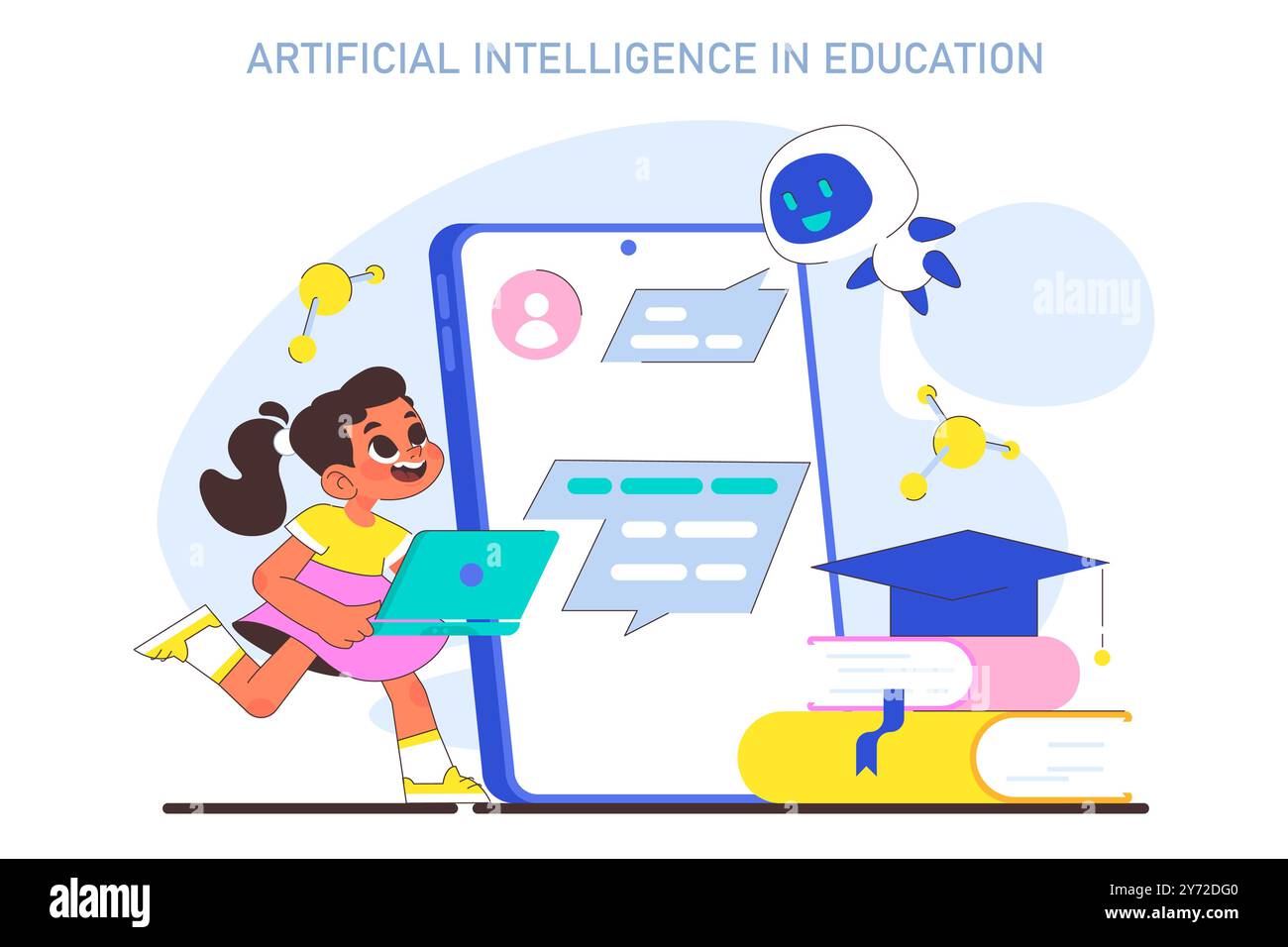 AI in children education. Little school girl gaining knowledge with ...