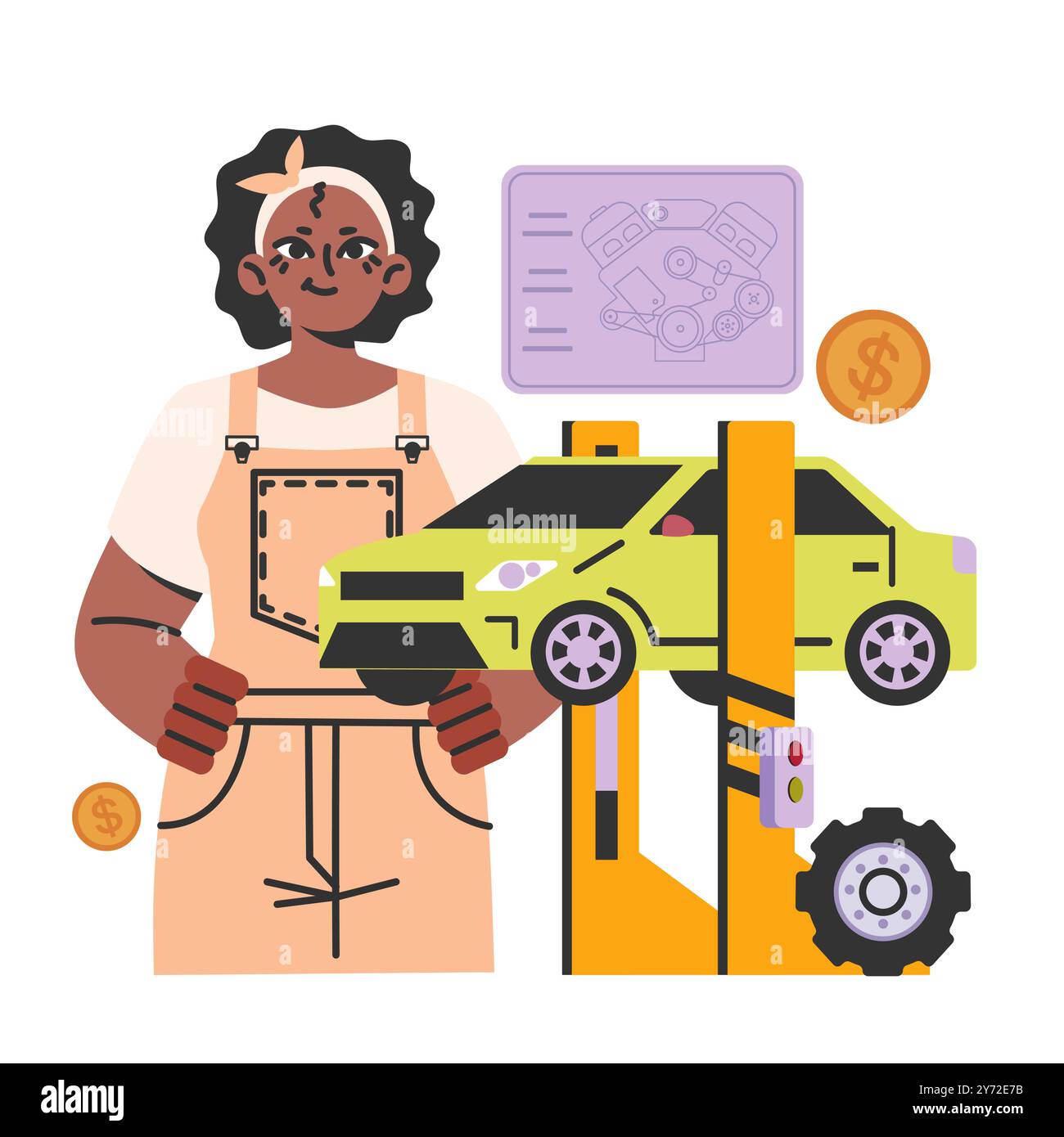 Car service mechanic. Black female character in uniform check and ...