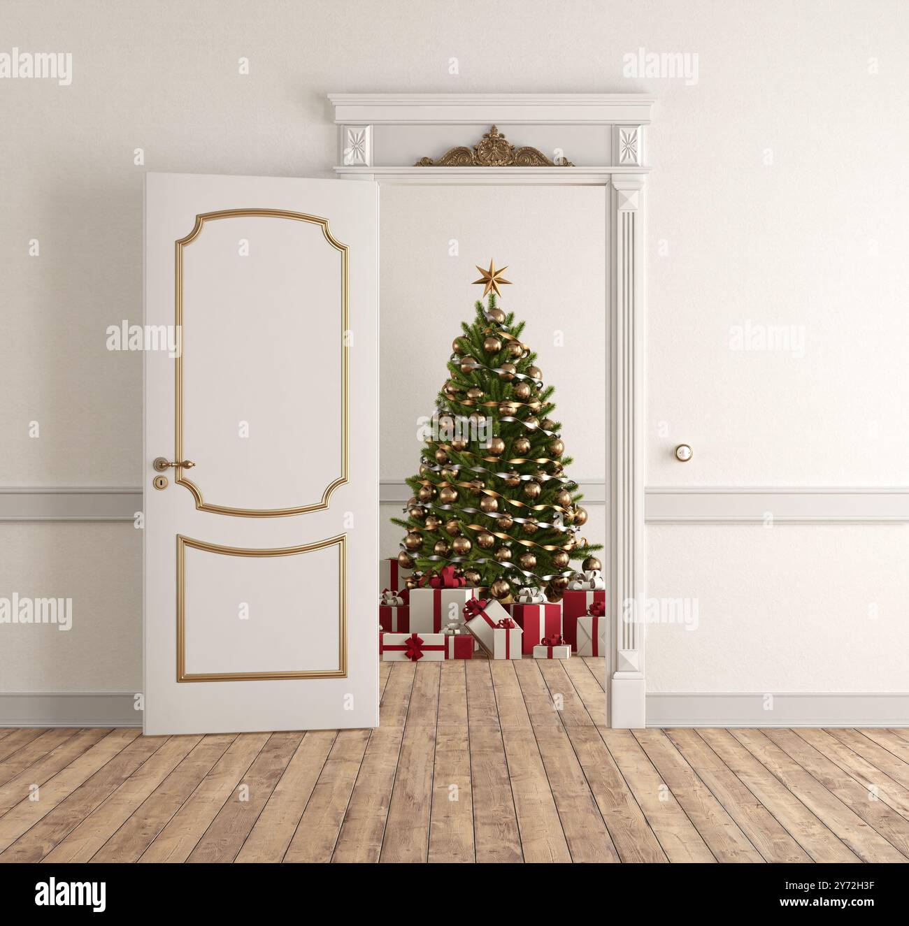 Classic white interior door standing partially open, revealing an empty ...