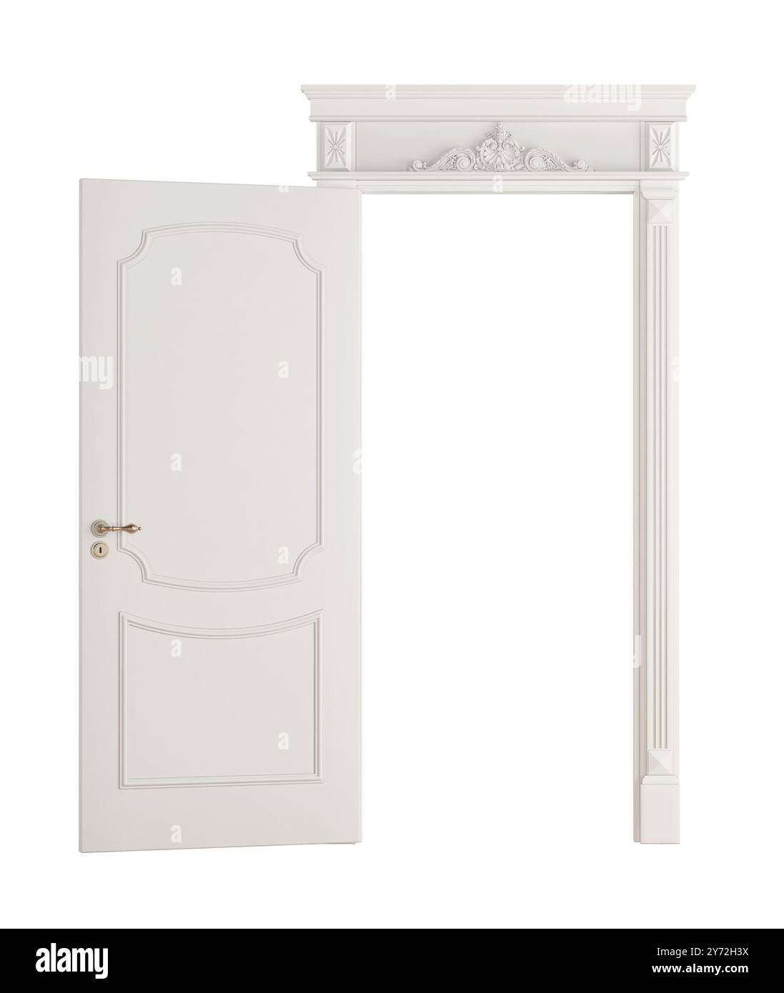 Classic white interior door standing partially open, revealing an empty ...