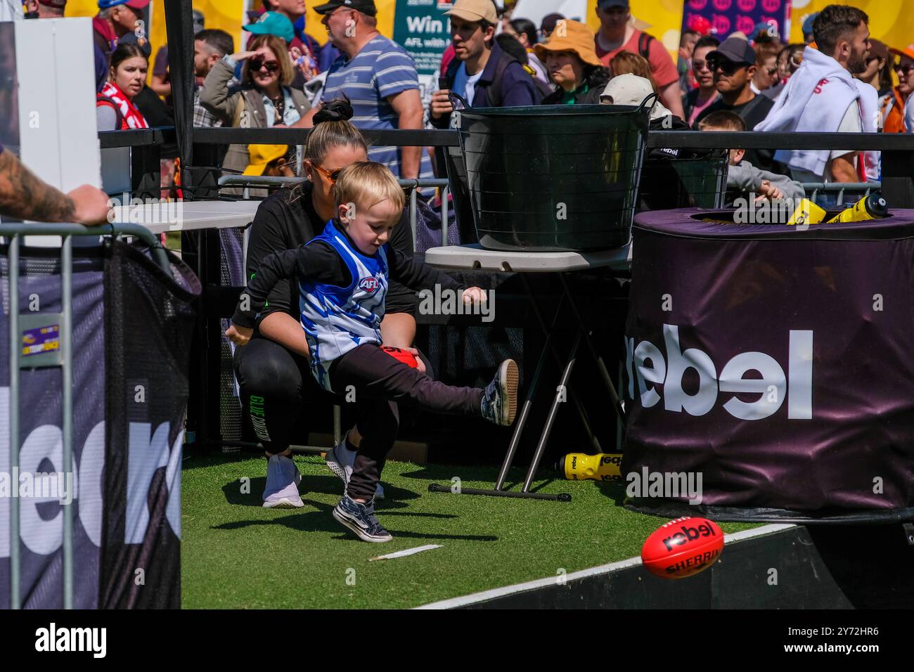 Melbourne, Australia. 27th Sep, 2024. A little boy is seen kicking a ...