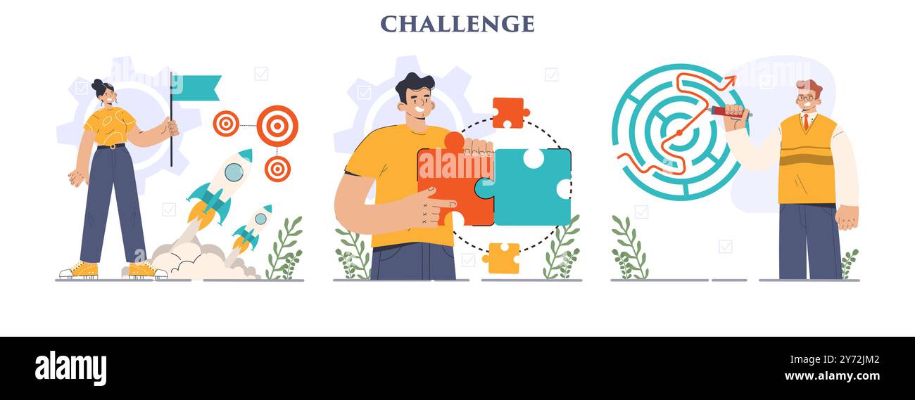 Business or professional challenge set. Character overcoming obstacles and hurdles on way to ...