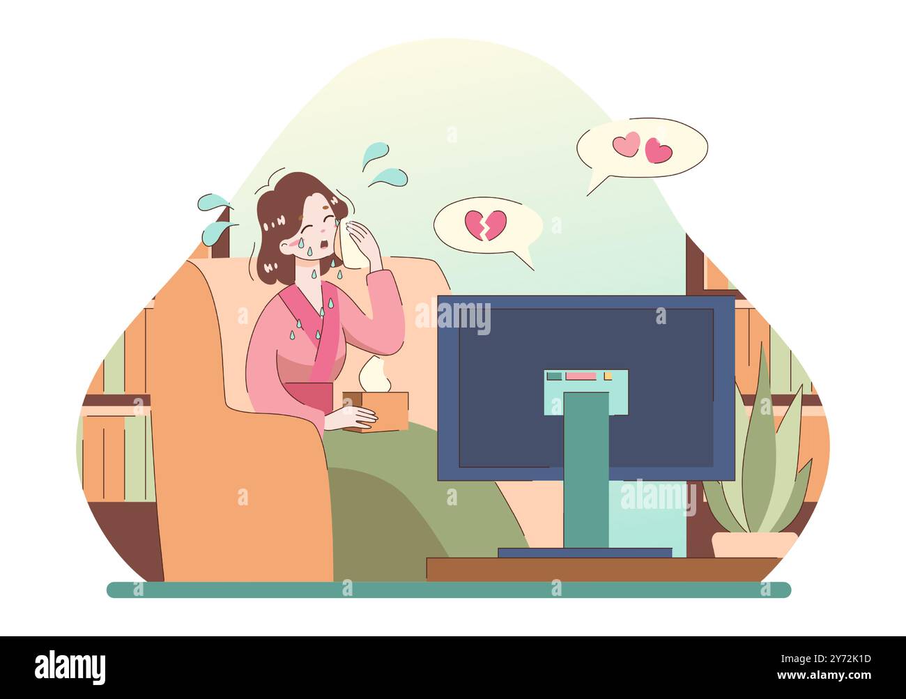 Woman watching sad movie at home. Asian female character in a ...