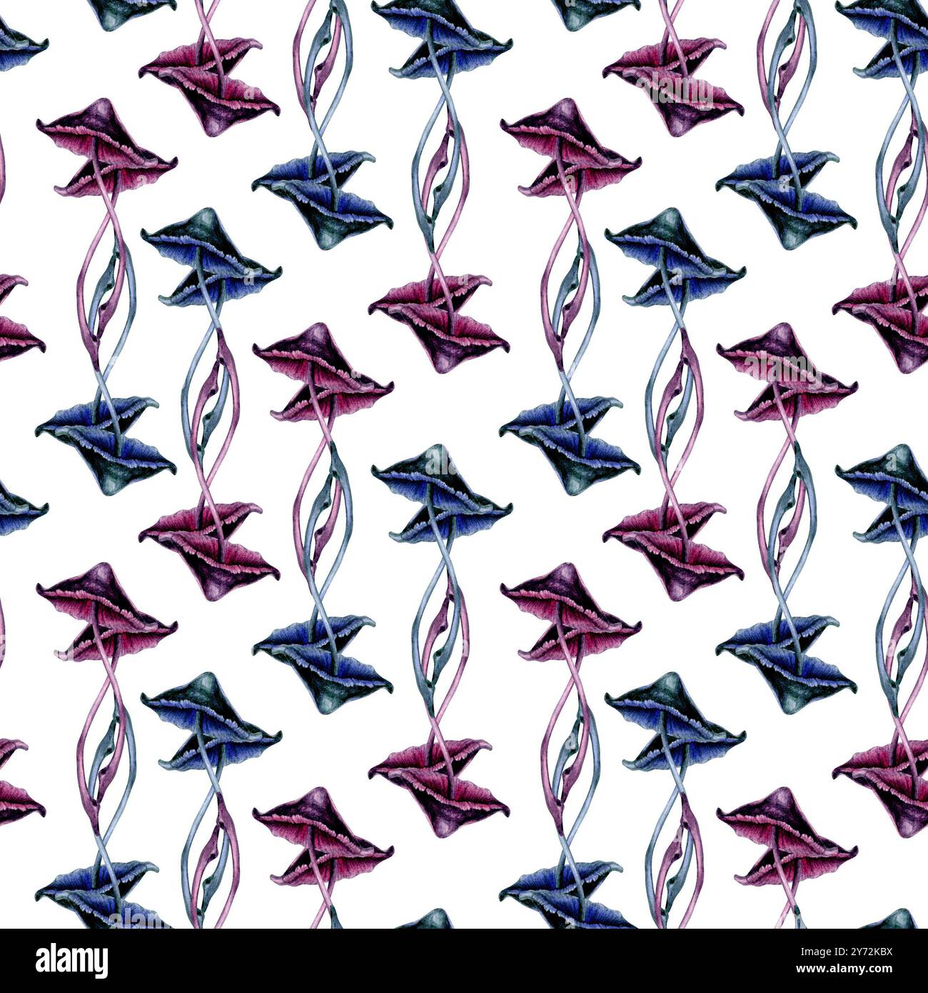 Abstract geometric seamless pattern with poisonous purple, green toadstools. Watercolor ...