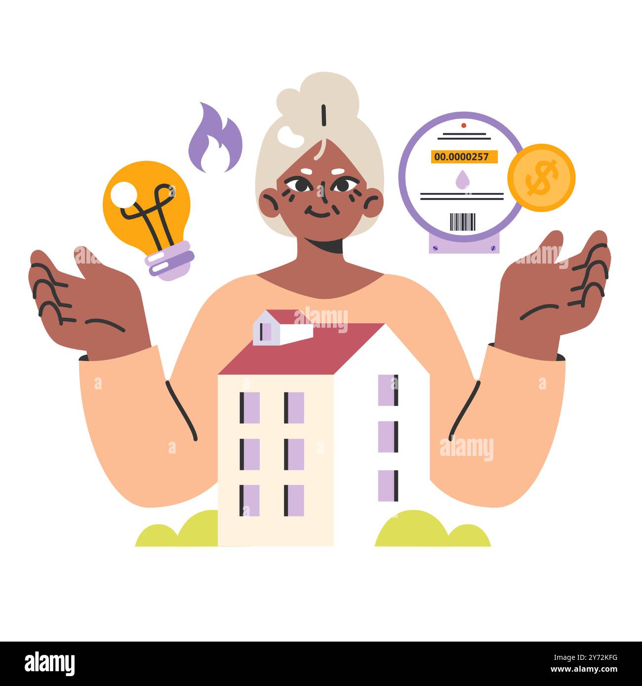 Concept of utilities. Electricity, gas and water. Female character ...