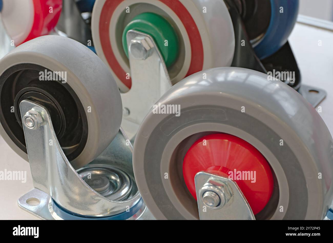Large group of various spare wheels for cargo trolleys or shopping ...