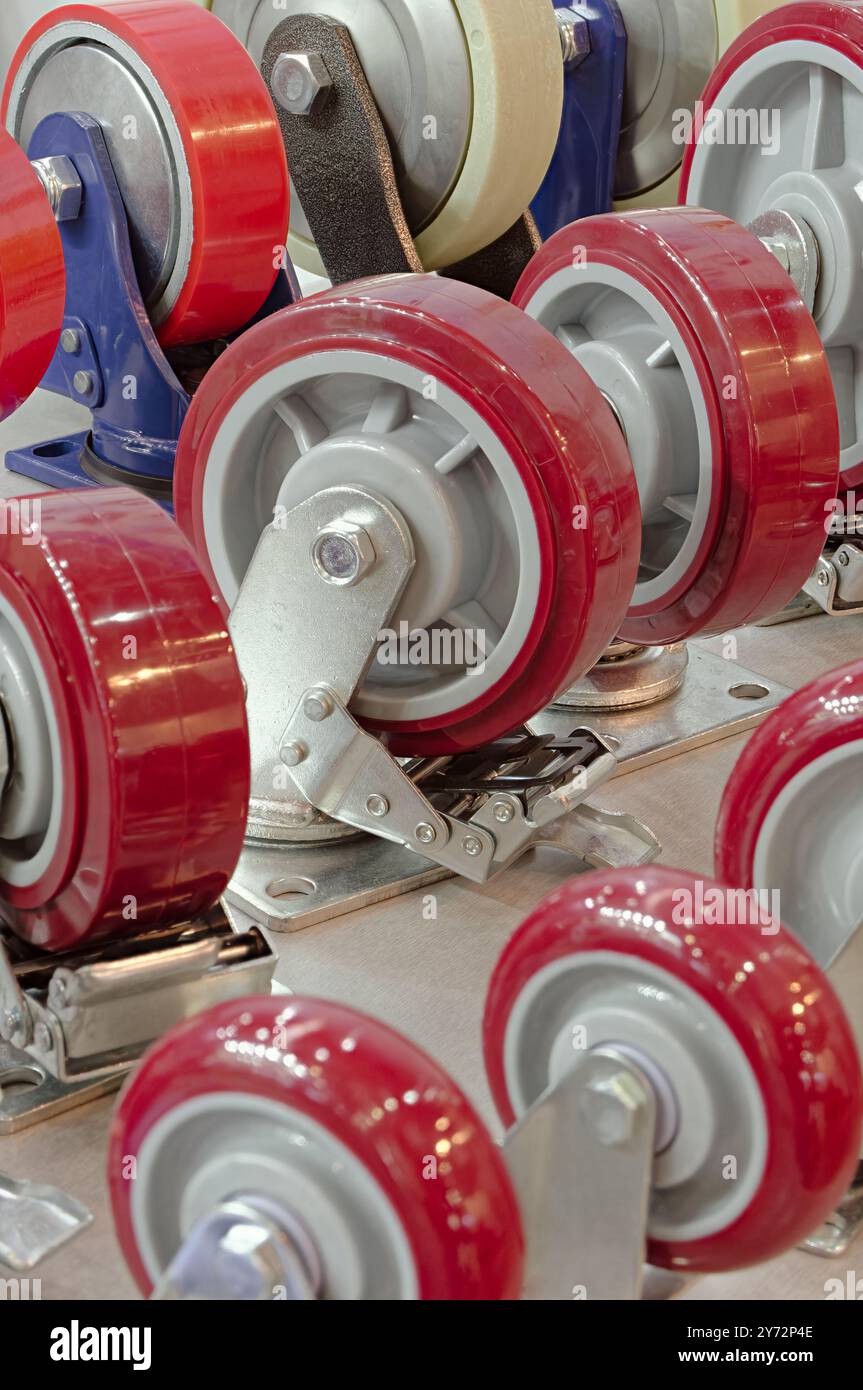 Large group of various spare wheels for cargo trolleys or shopping ...