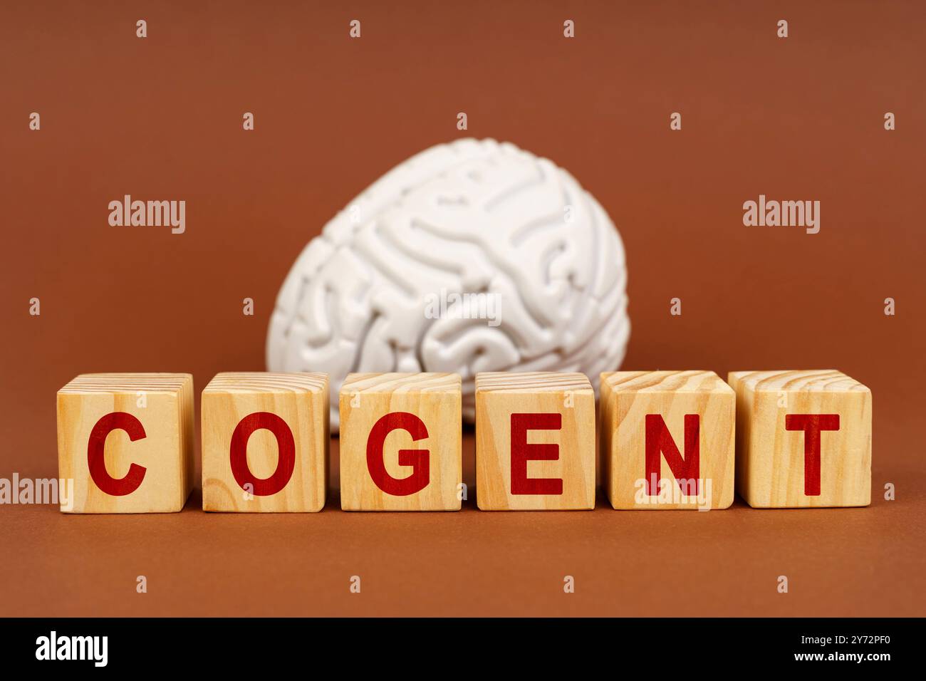 Colorful wooden blocks spell COGENT in front of a detailed brain model ...
