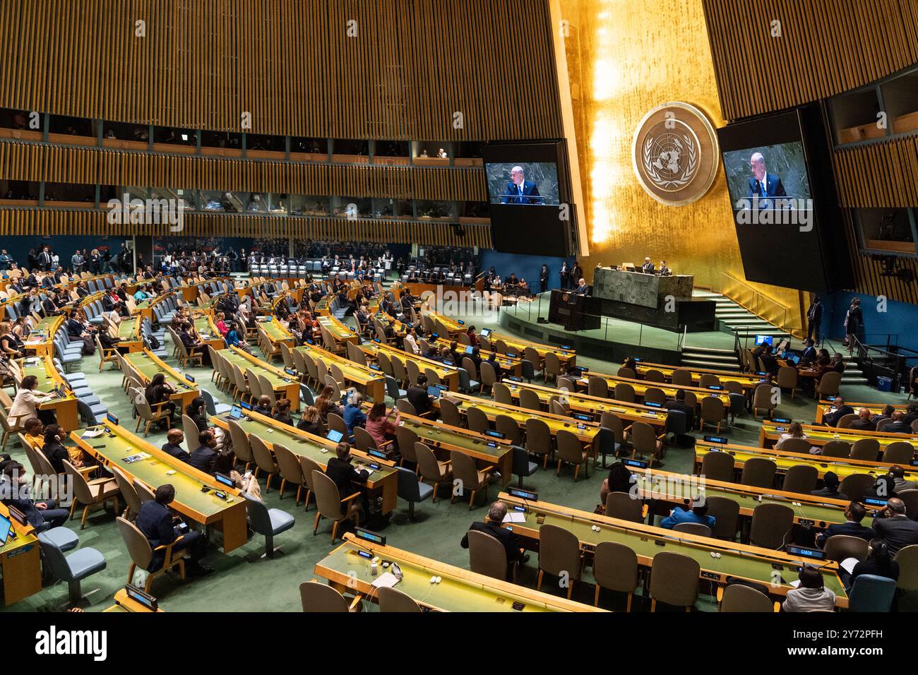 New York, NY, USA, 27 September, 2024: Prime minister of Israel Benjamin Netanyahu addresses ...