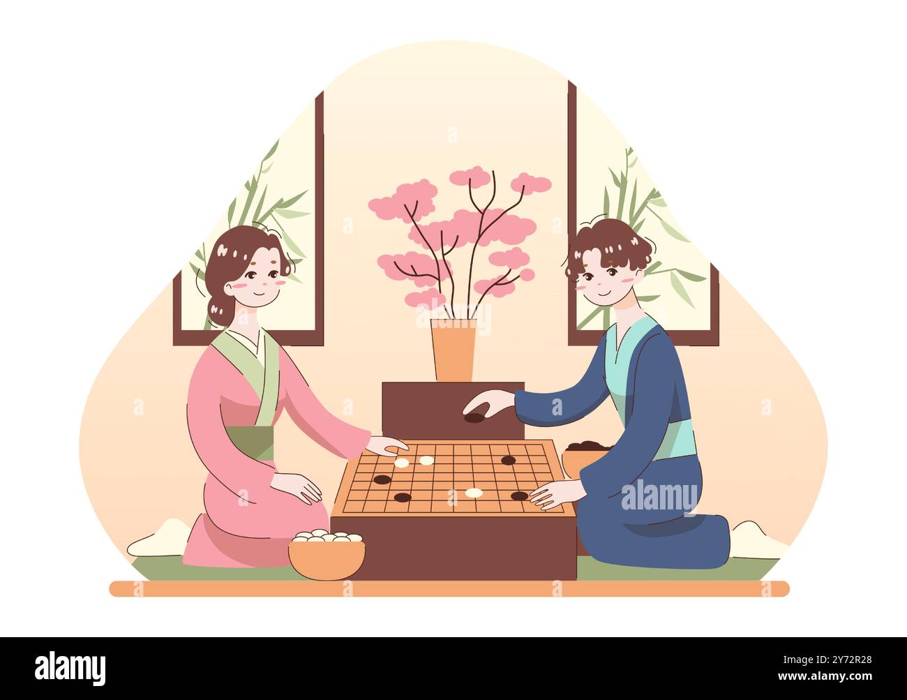 Characters playing a traditional chinese game. Gobang or Go strategy ...