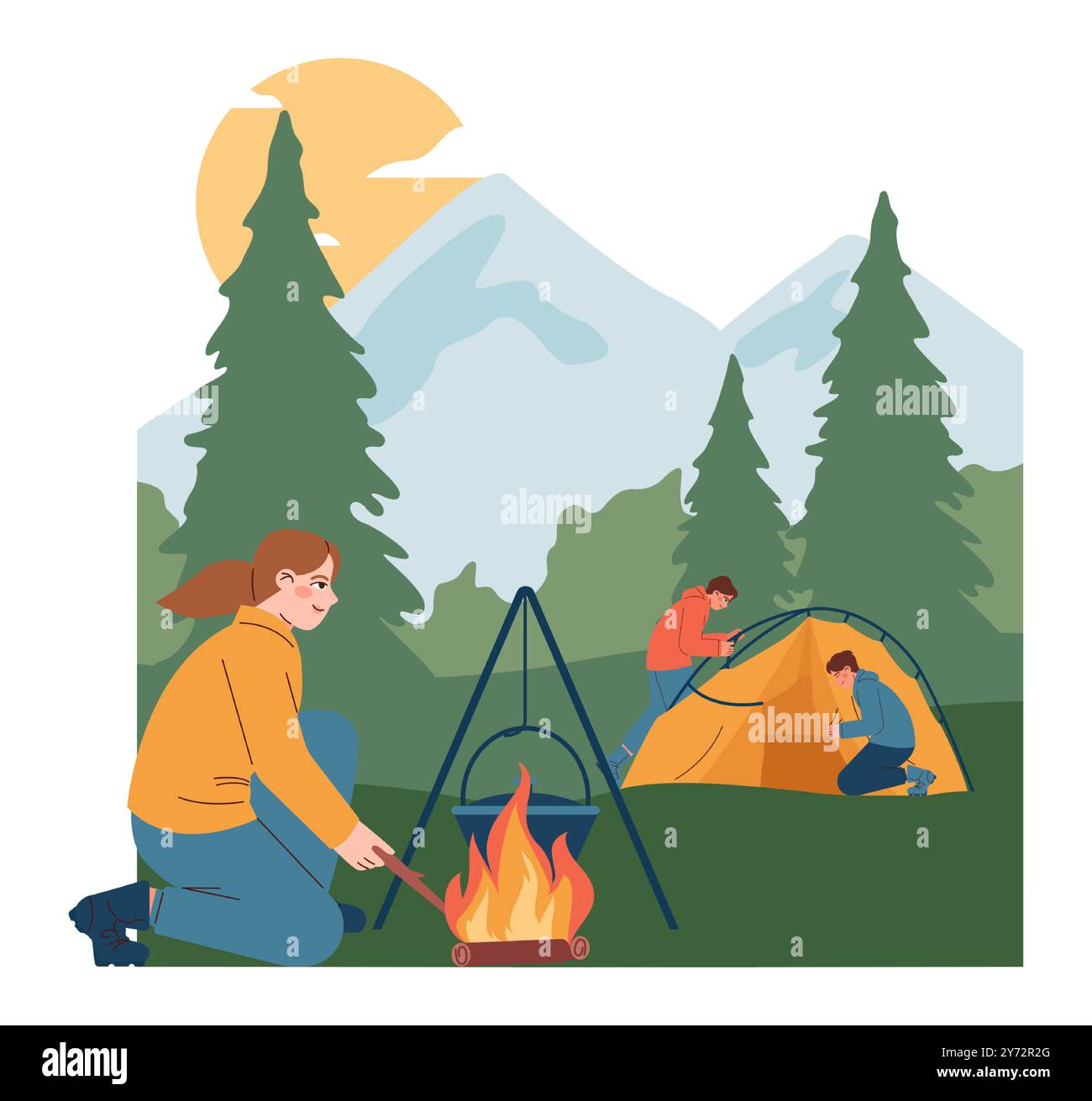 Mountaineering. Travelers sitting near campfire during nature adventure ...