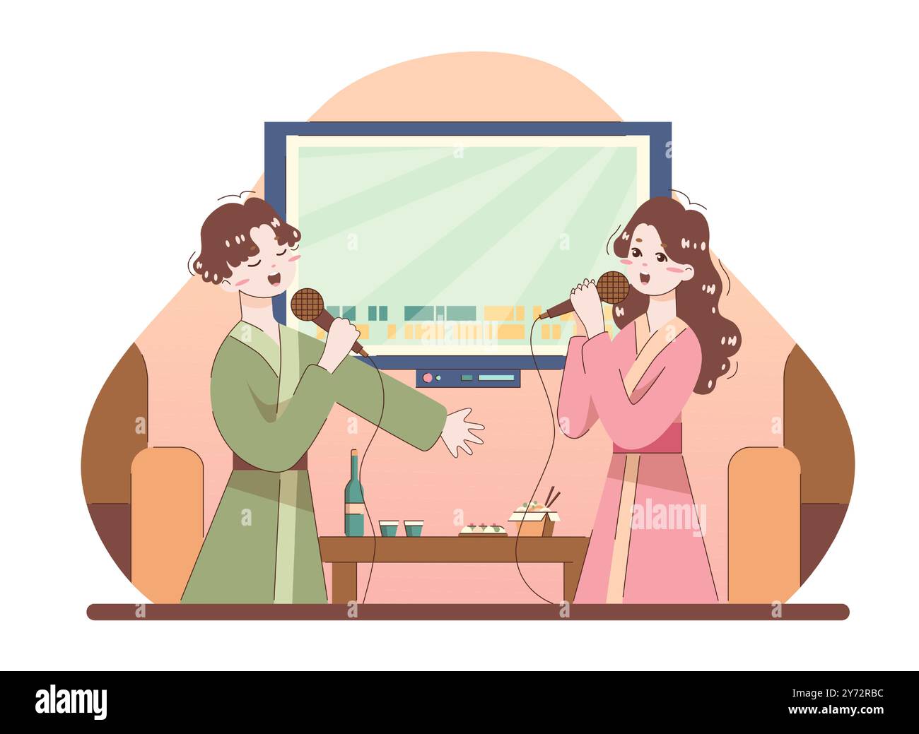 Asian people enjoying their free time. Japanese characters at karaoke ...