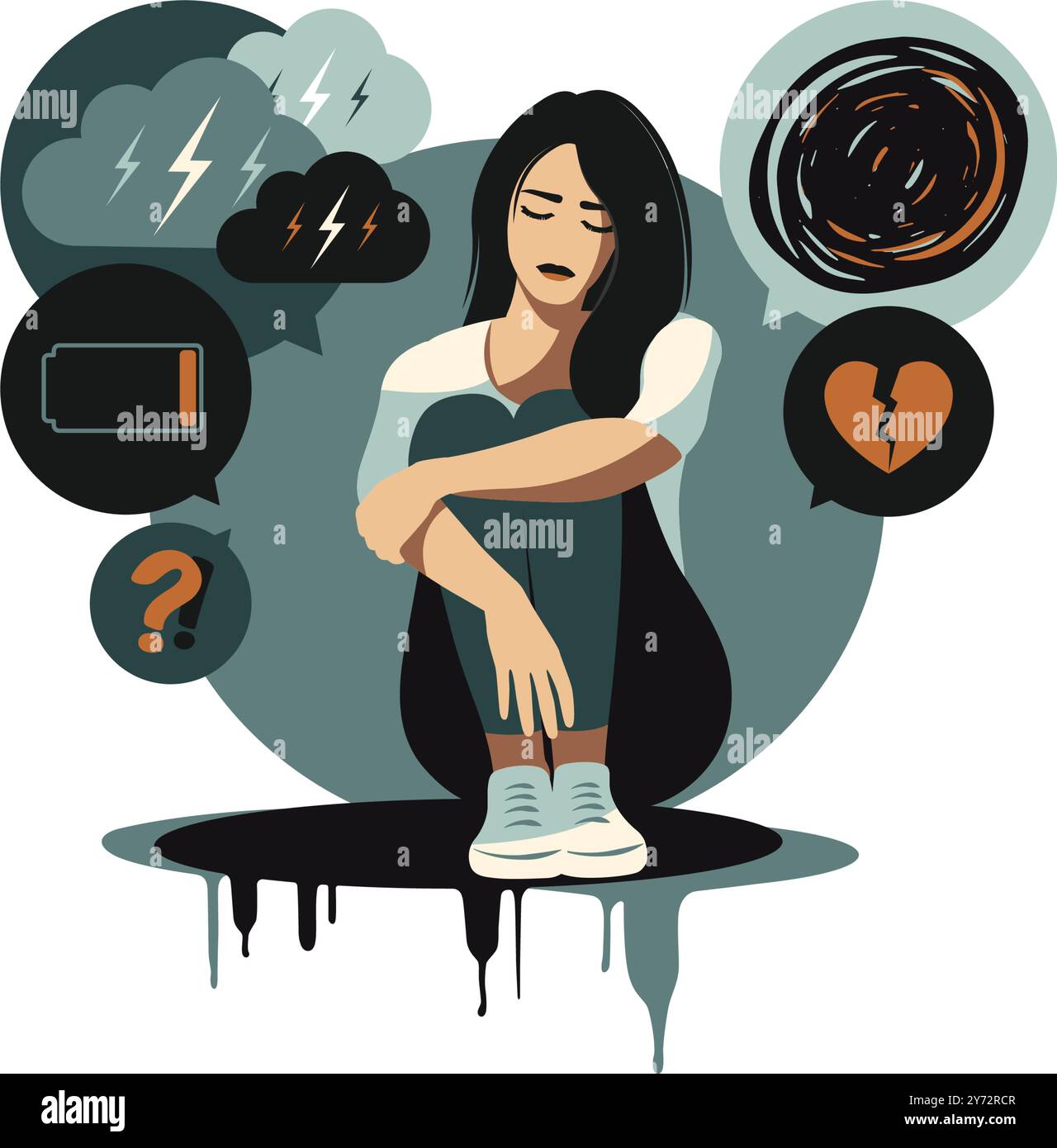 Depressed sad woman thinking over problems. Bankruptcy, loss, crisis ...