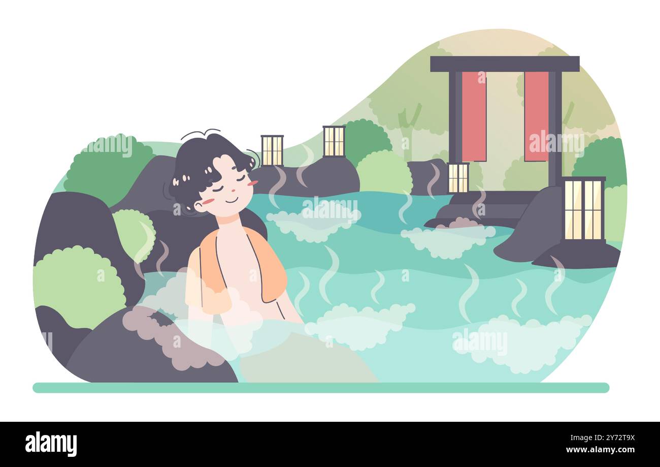 Daily routine of an asian man. Character relaxing in traditional hot ...