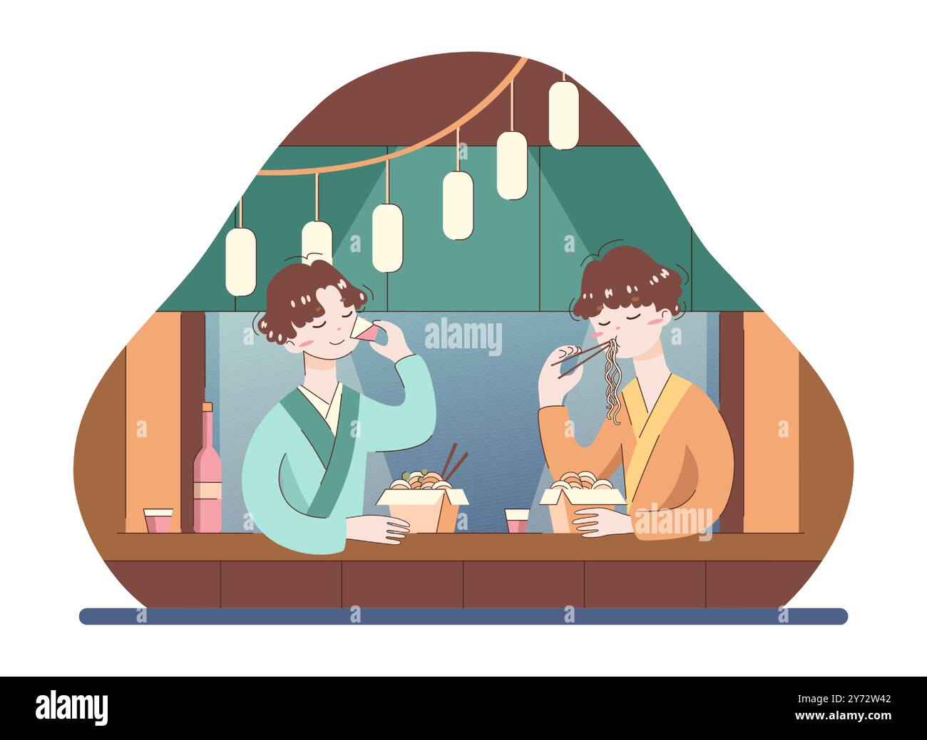 Asian people enjoying their free time. Japanese characters eating at ...