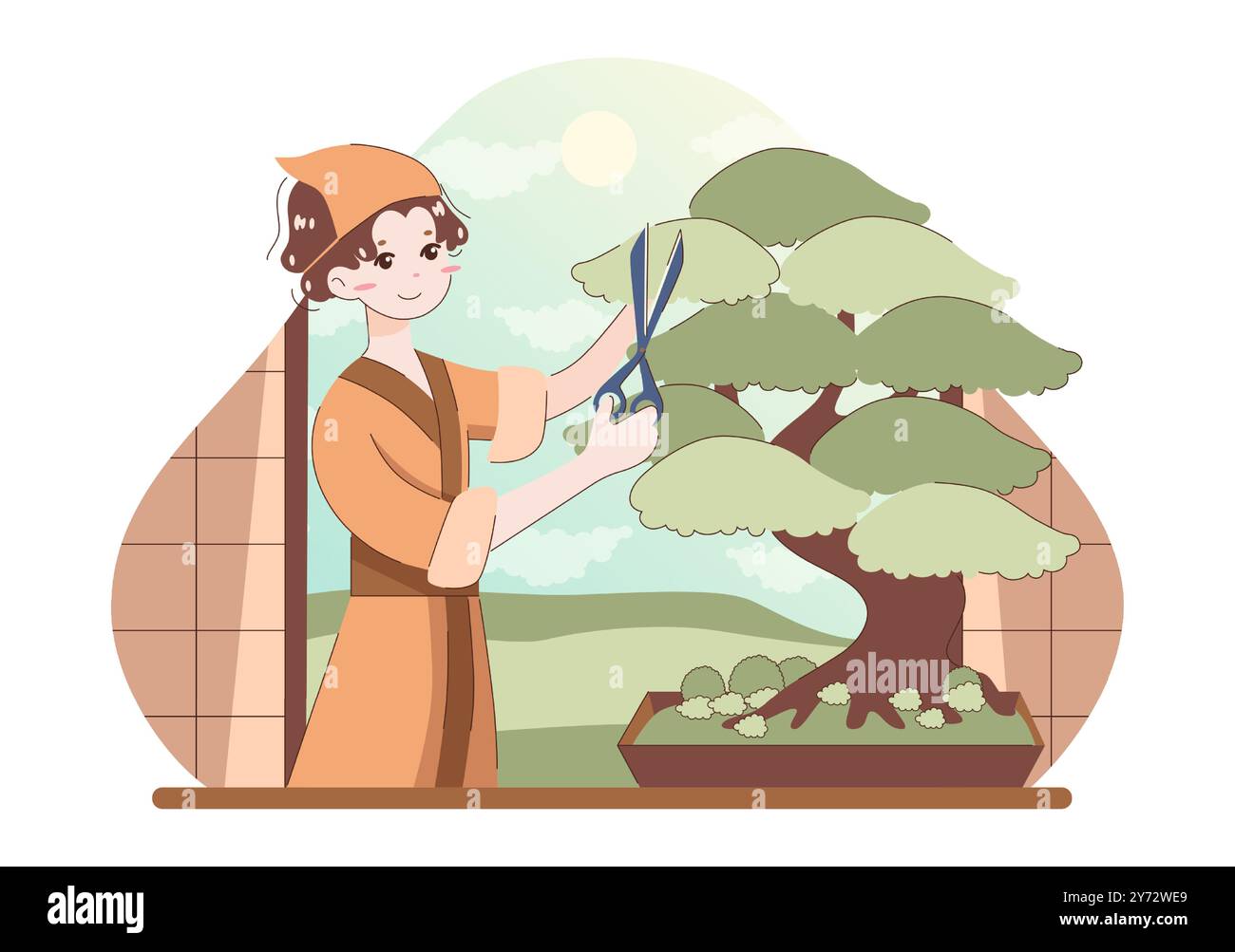 Bonsai growing. Asian male character caring, pruning and trimming ...