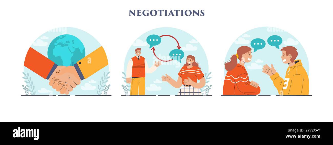 Negotiations concept set. Opinions, directions, interests and points of ...