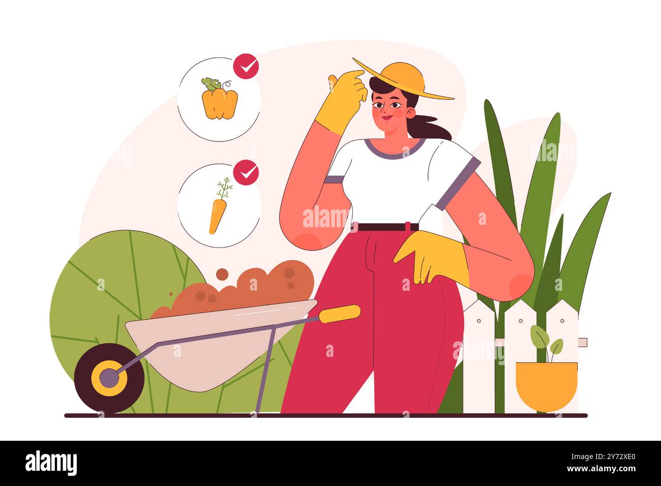 Character Enjoy Gardening Woman Planting And Taking Care Of Garden