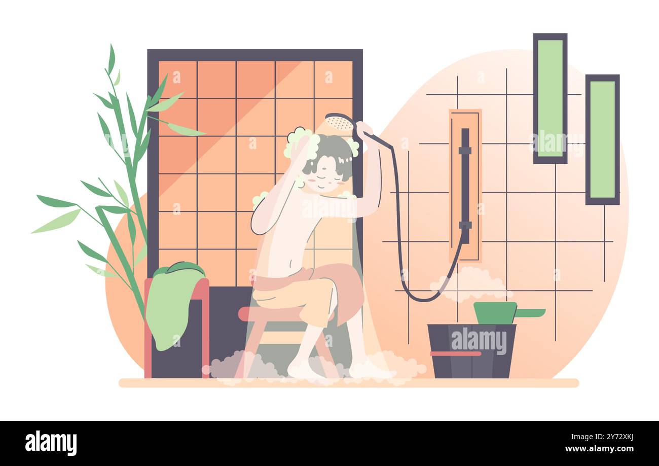 Daily routine of an asian man. Japanese male character in traditional ...