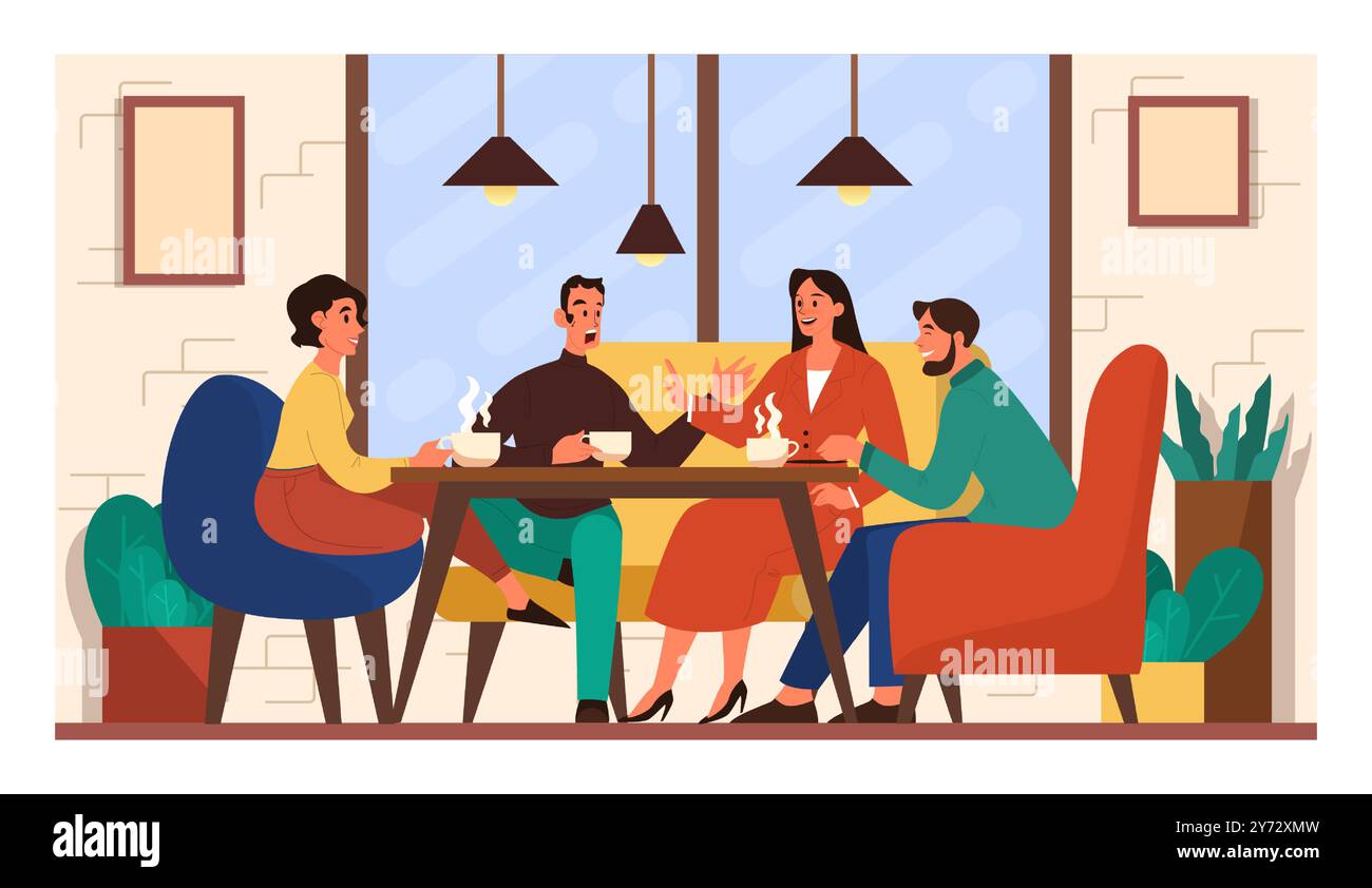 Coffee shop interior. Cafe with people sitting at tables, drinking ...