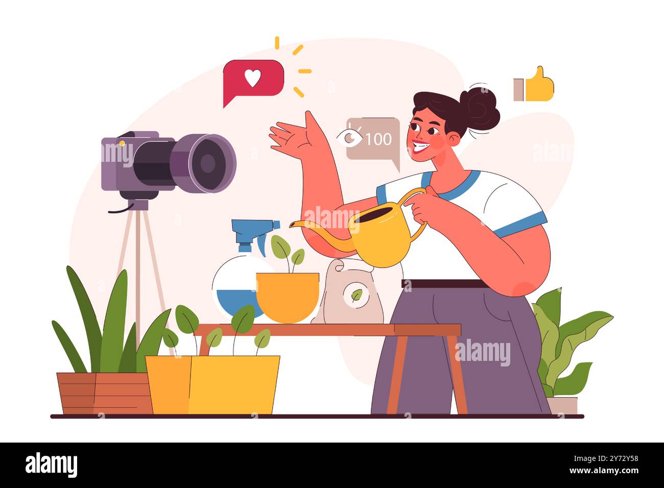 Character enjoy gardening. Woman vlogging about potted house plants ...