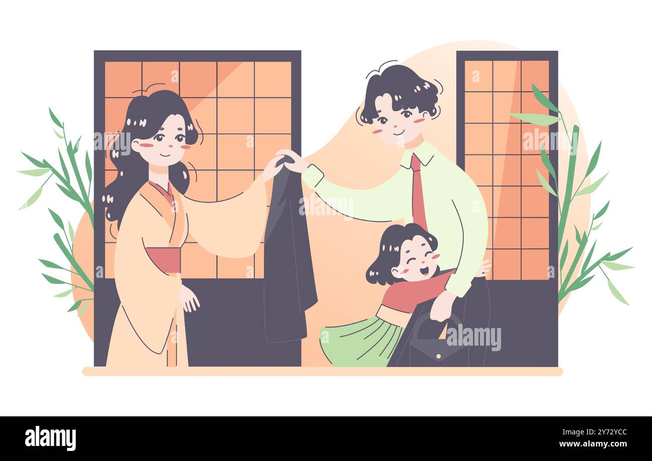 Daily routine of an asian family. Japanese man coming home from a work ...