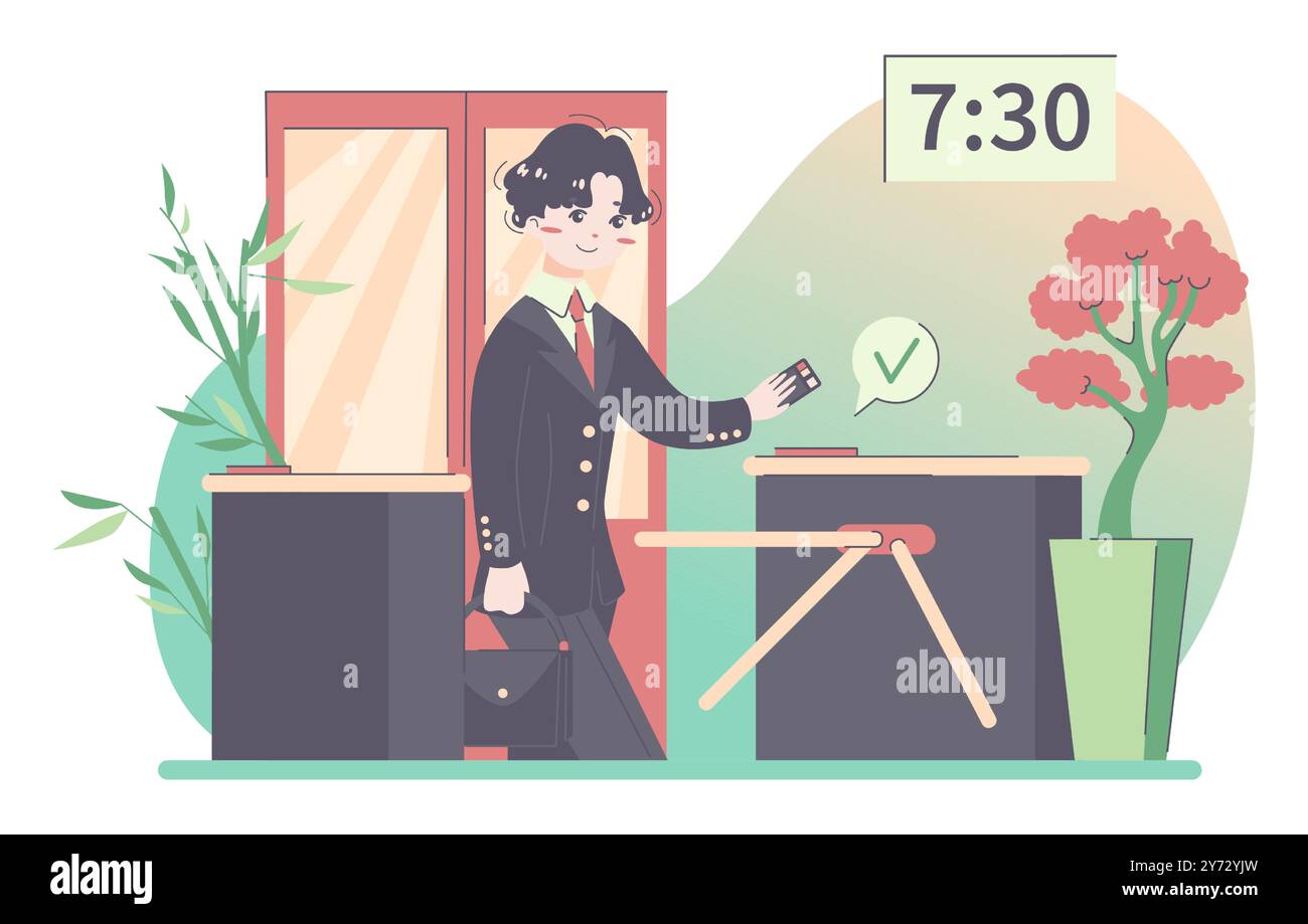 Man uses key-card for open office turnstile. Guy with key-card for ...