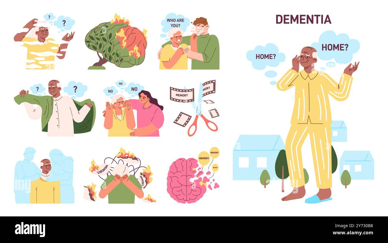 Dementia concept set. Age-related brain damage and functions reduction ...