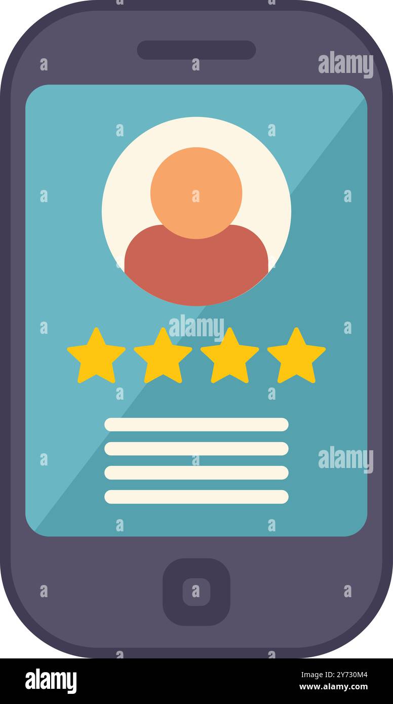 Mobile phone showing customer review with five star rating and user ...