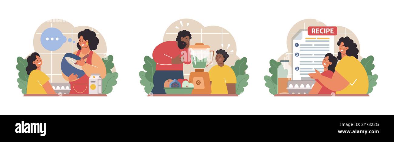 Parents teaching their child how to cook set. Family making food in the ...