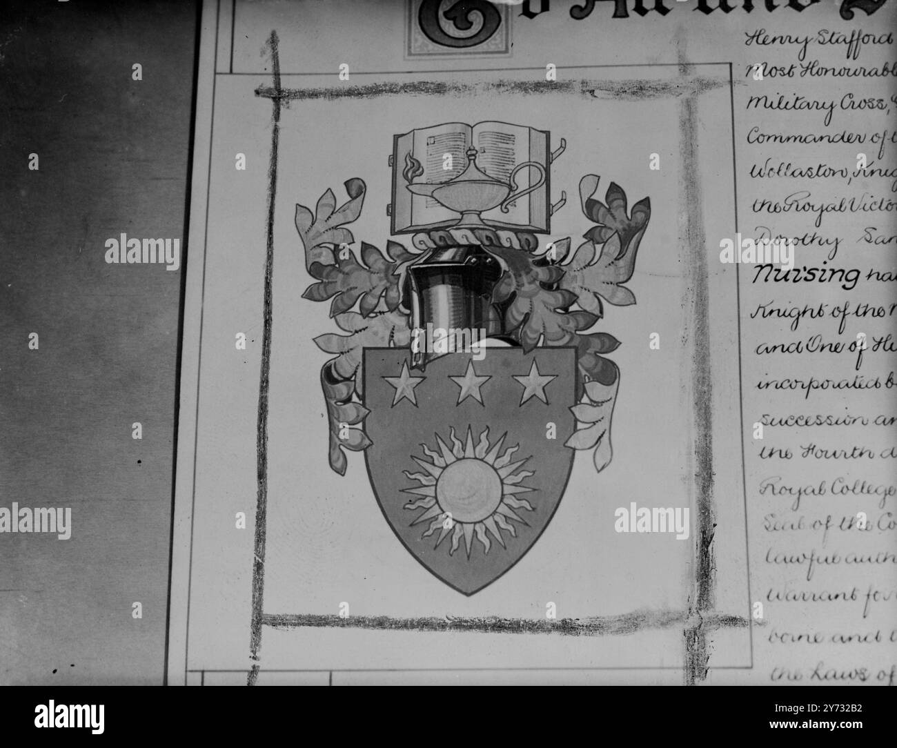 The Royal College of nursing crest shown on the scroll, photographed at ...