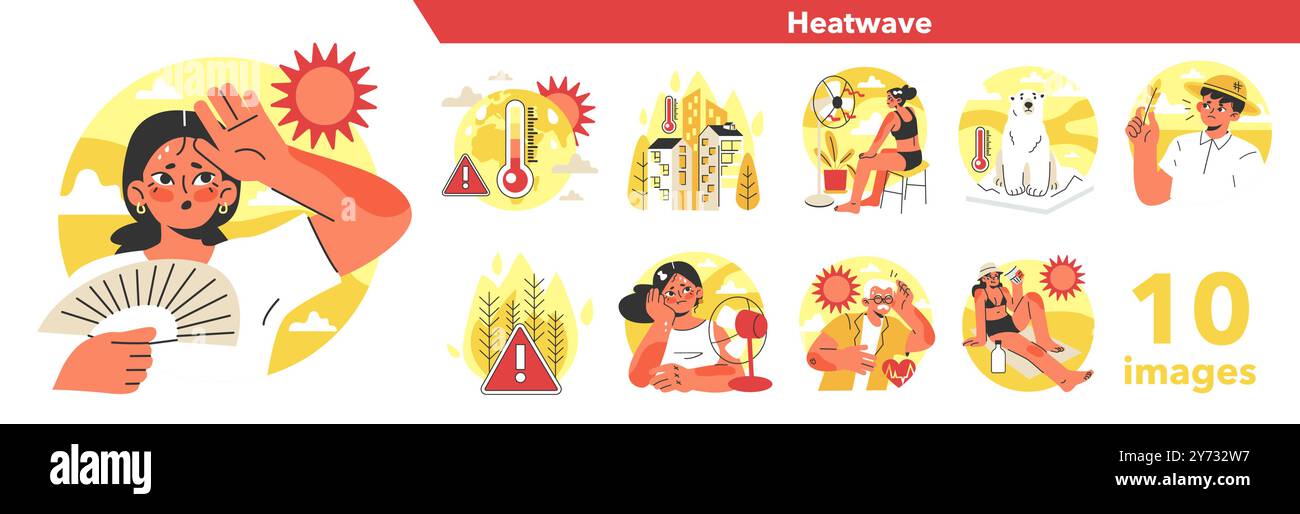 Heat wave set. Character suffering from heat. Climate change causing ...