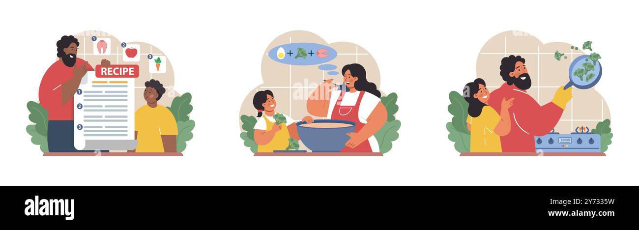 Parents teaching their child how to cook set. Family making food in the ...