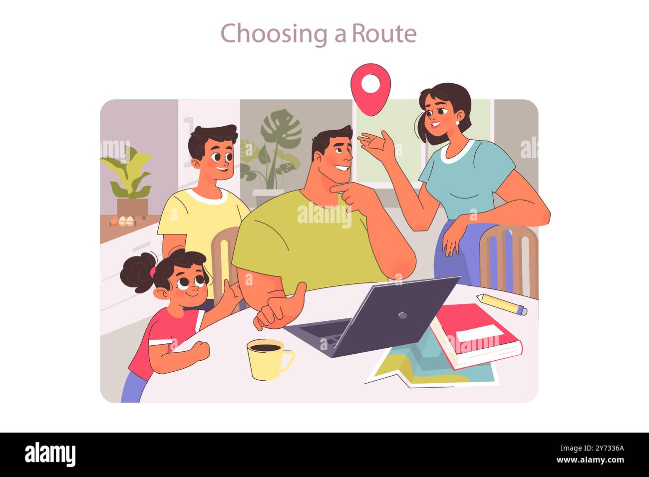 Family trip. Big family with children planning a vacation on a summer ...