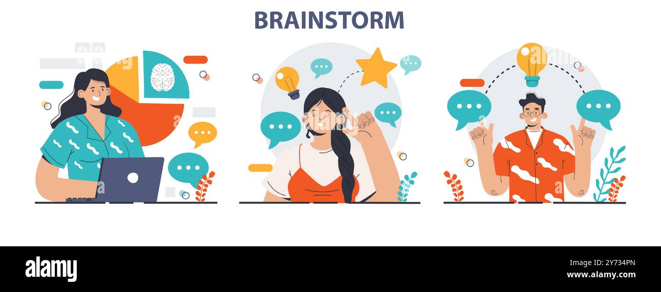 Brainstorm set. New idea generation in a teamwork discussion. Creative ...