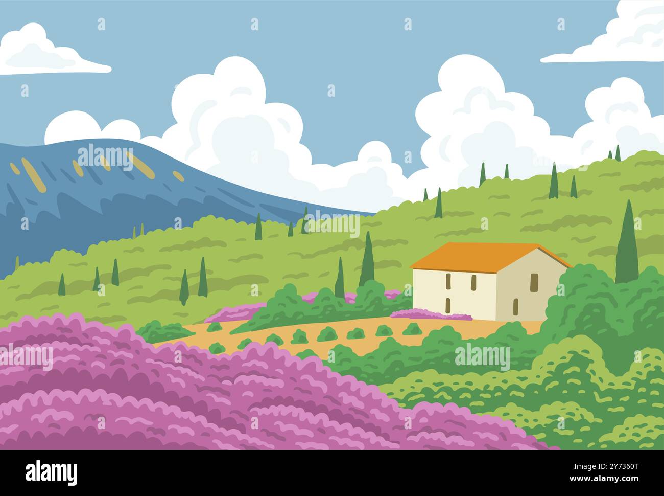 Beautiful rural southern landscape with nature and house Stock Vector ...