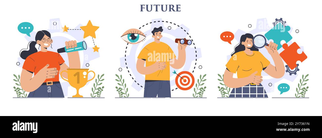 Future concept set. Character searching for future opportunities ...