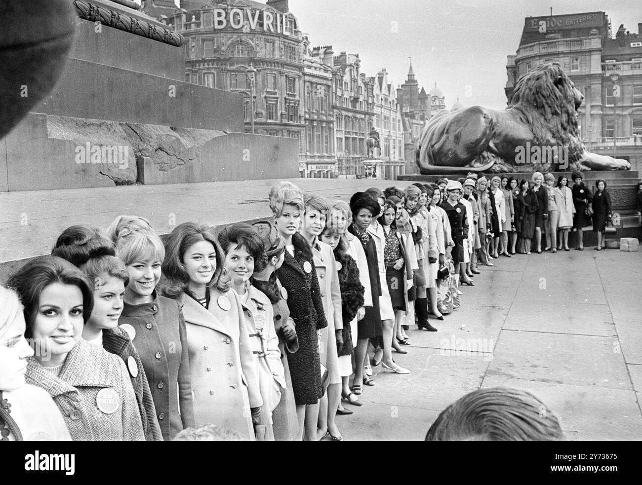 Miss World contestants line up at the base of Nelson's column when they ...