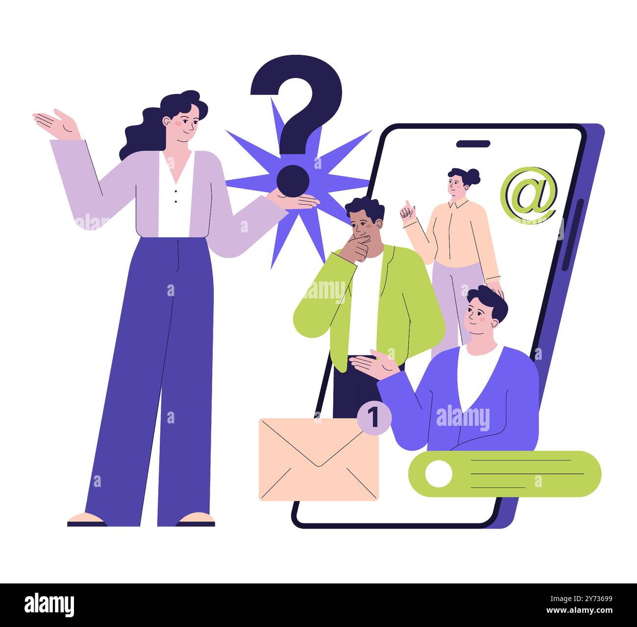 Positive aspect of social networks. Character asking a question in the ...