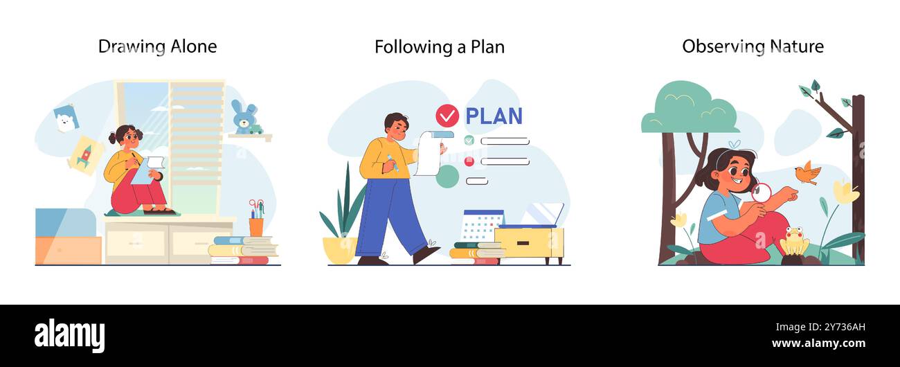 Introverted child set. Antisocial kid who prefers to spend time alone ...