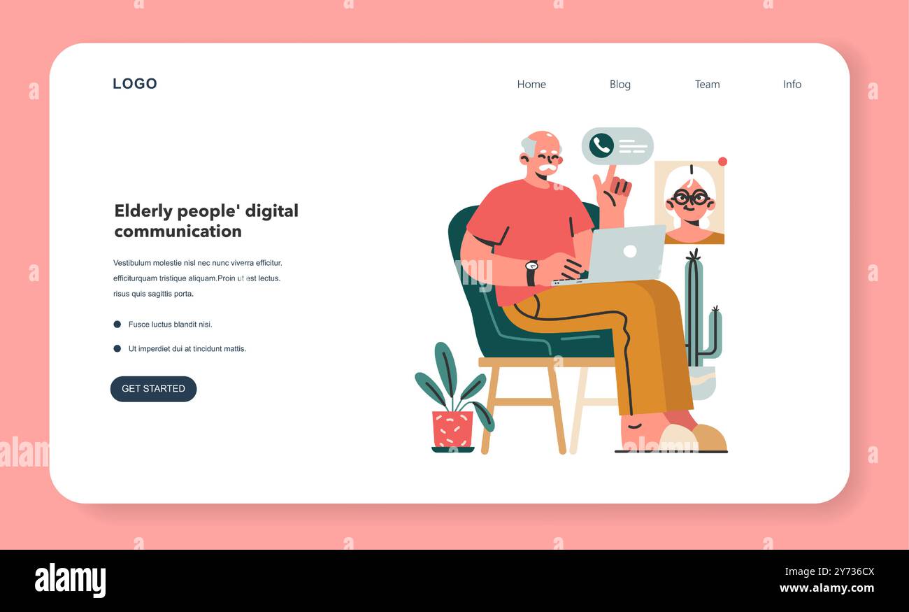 Modern old male character using internet and laptop computer web banner ...