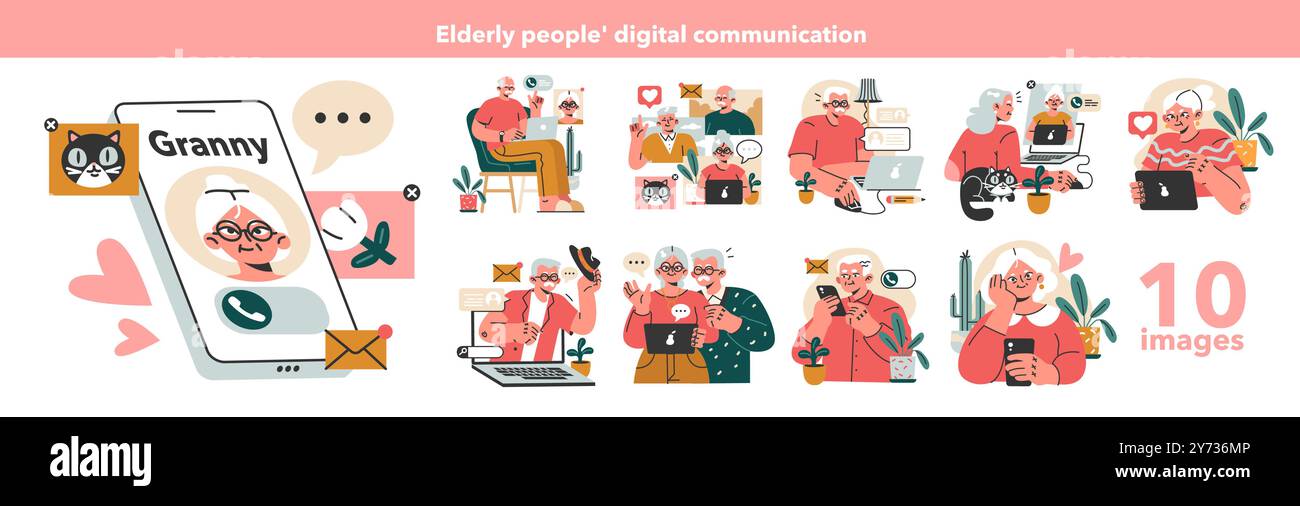 Modern old characters using internet, phone and computer set. Seniors ...