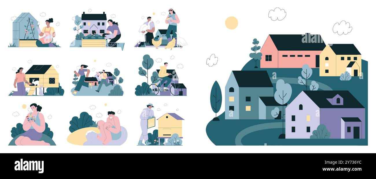 Eco-friendly resort set. Summer holidays on the farm. Rural landscape ...