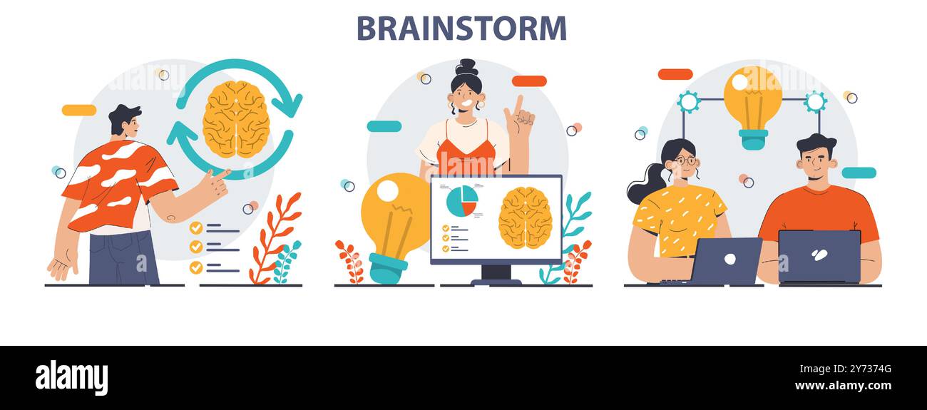 Brainstorm set. New idea generation in a teamwork discussion. Creative ...