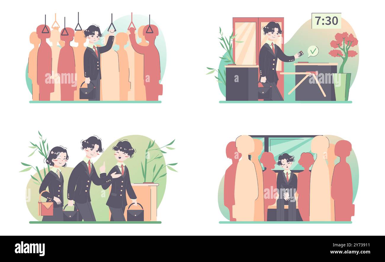 Daily routine of a japanese man set. Modern clerk working, spending ...