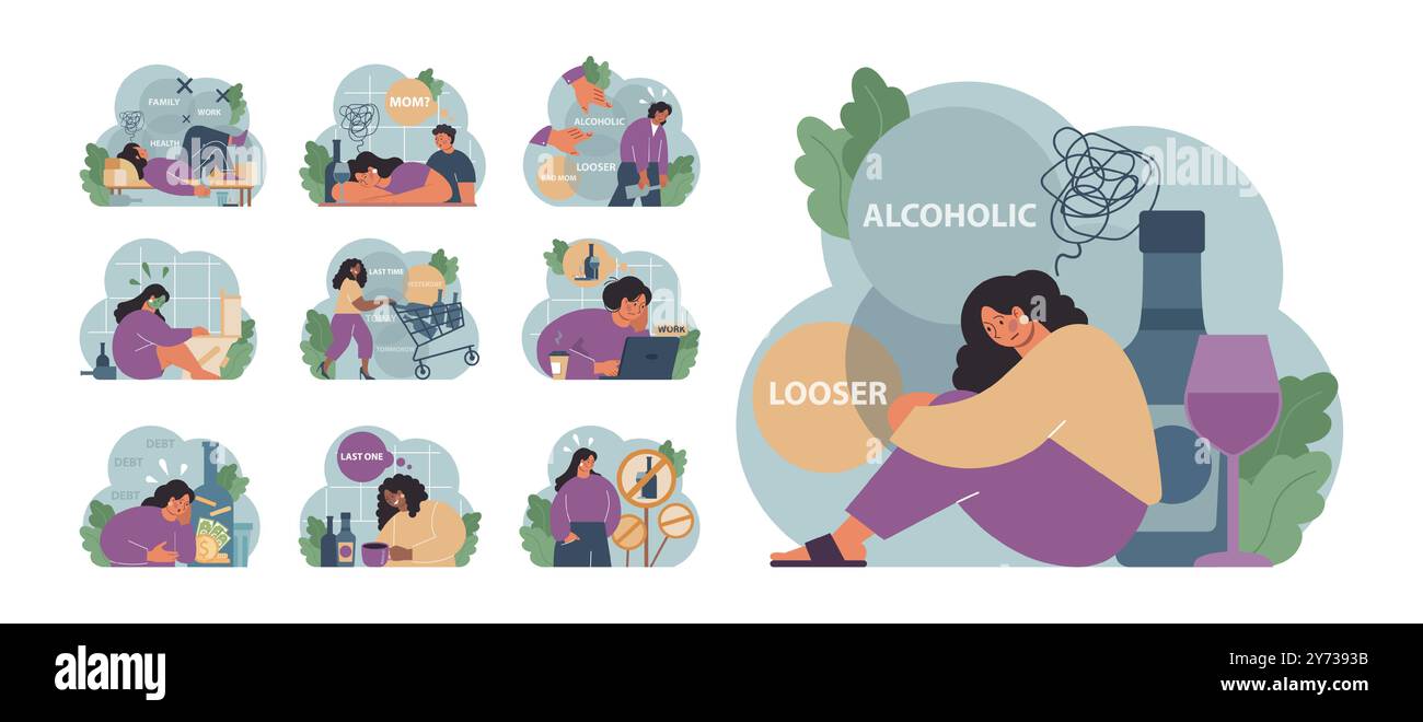 Female alcoholism set. Woman suffering from hard drinking, alcohol ...