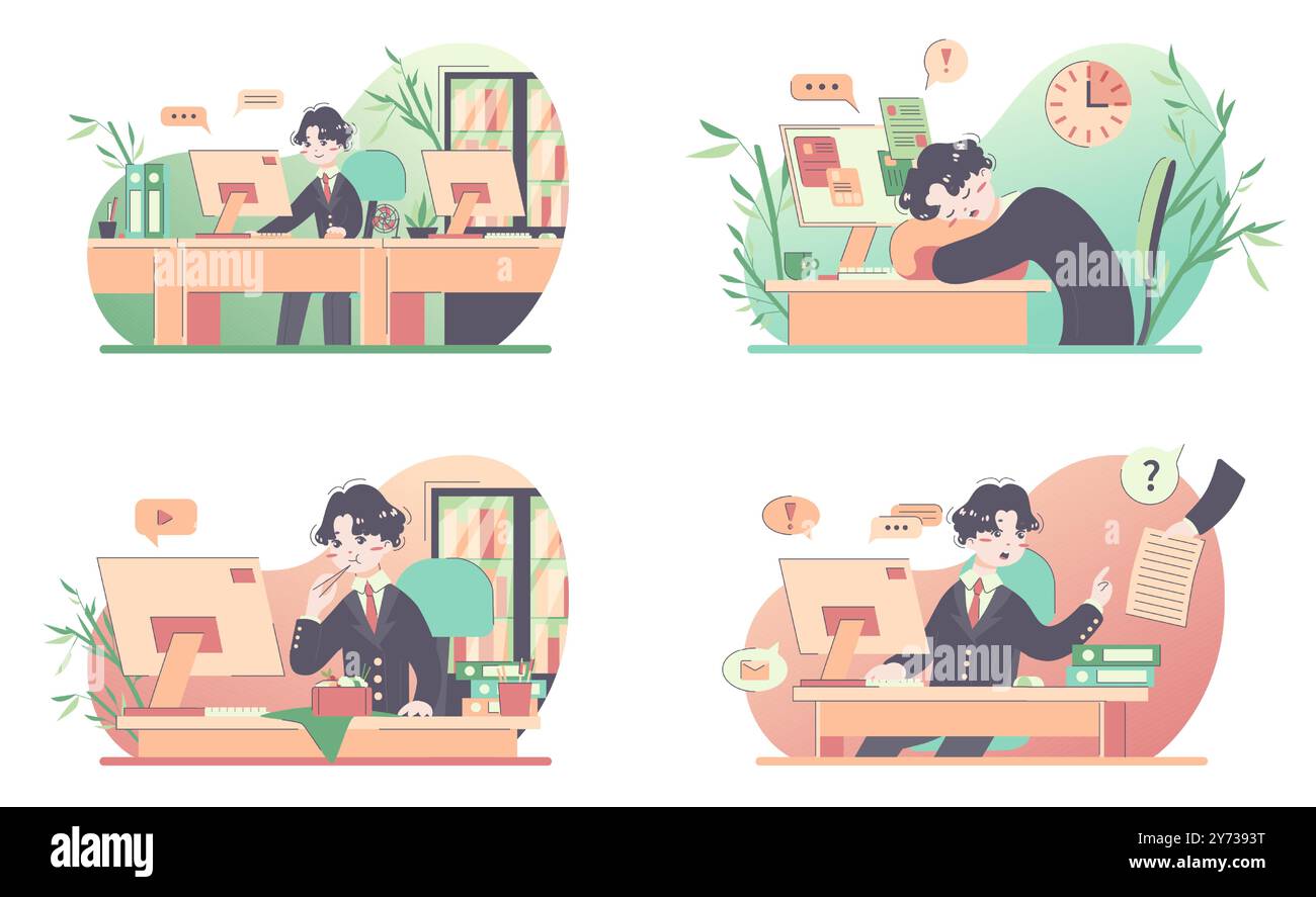 Daily routine of a japanese man set. Modern clerk working, spending ...