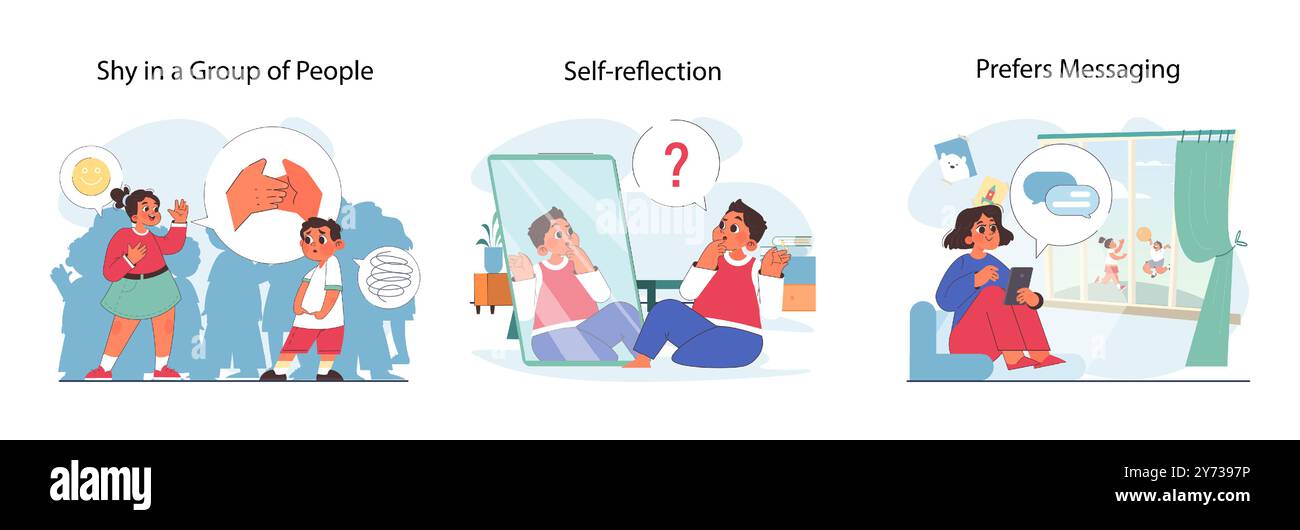 Introverted child set. Antisocial kid who prefers to spend time alone ...