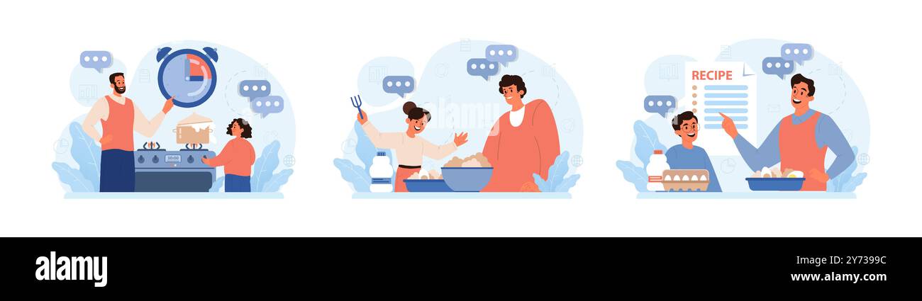 Parents teaching their child how to cook set. Family making food in the ...