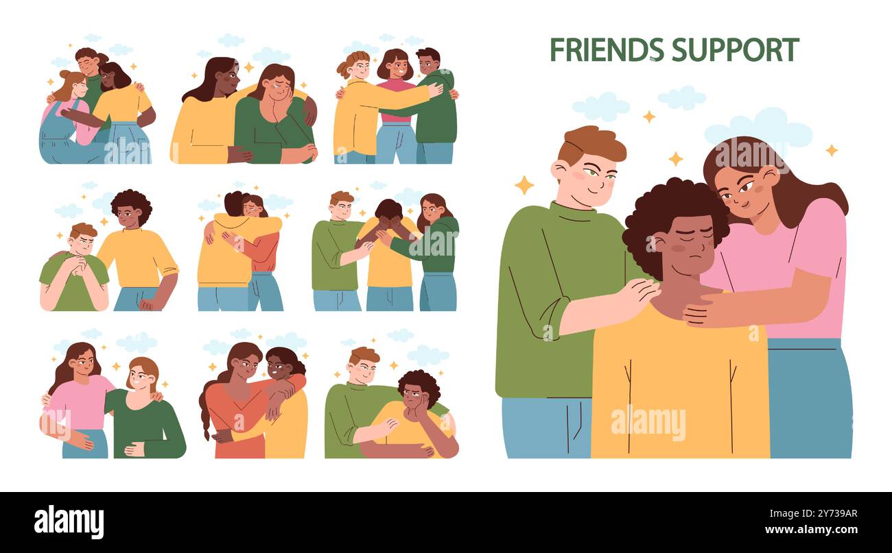 Friends support set. Mental support and comfort for stressed or upset ...
